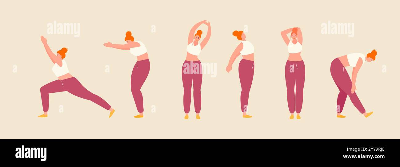 Girl doing simple stretching exercises for the back, arms and legs ...