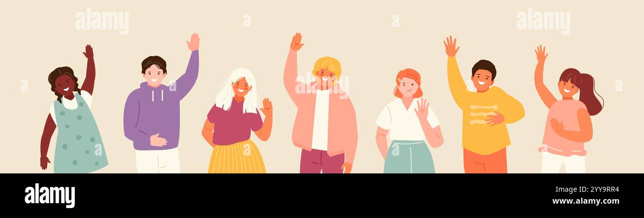 Smiling welcoming children waving their hands. Children saying hello ...