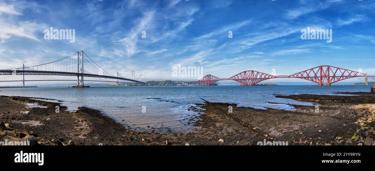 The Firth of Forth river estuary panorama with Forth Bridge, Forth Road ...