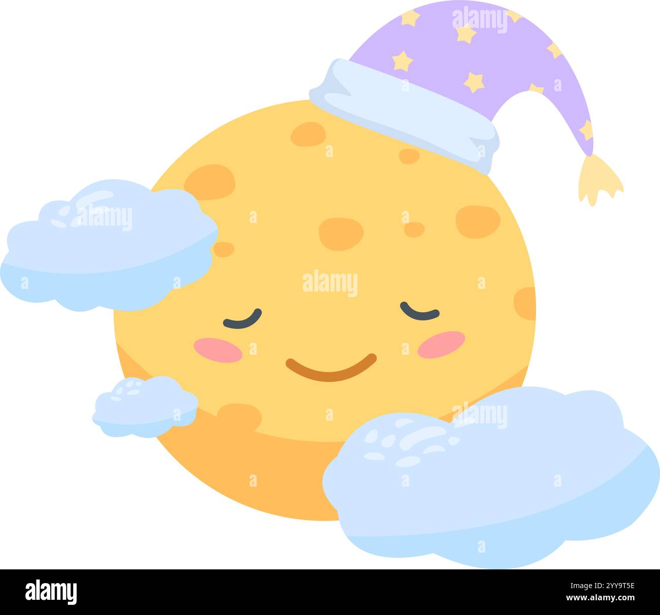 Cartoon illustration of a happy, sleeping moon wearing a purple ...