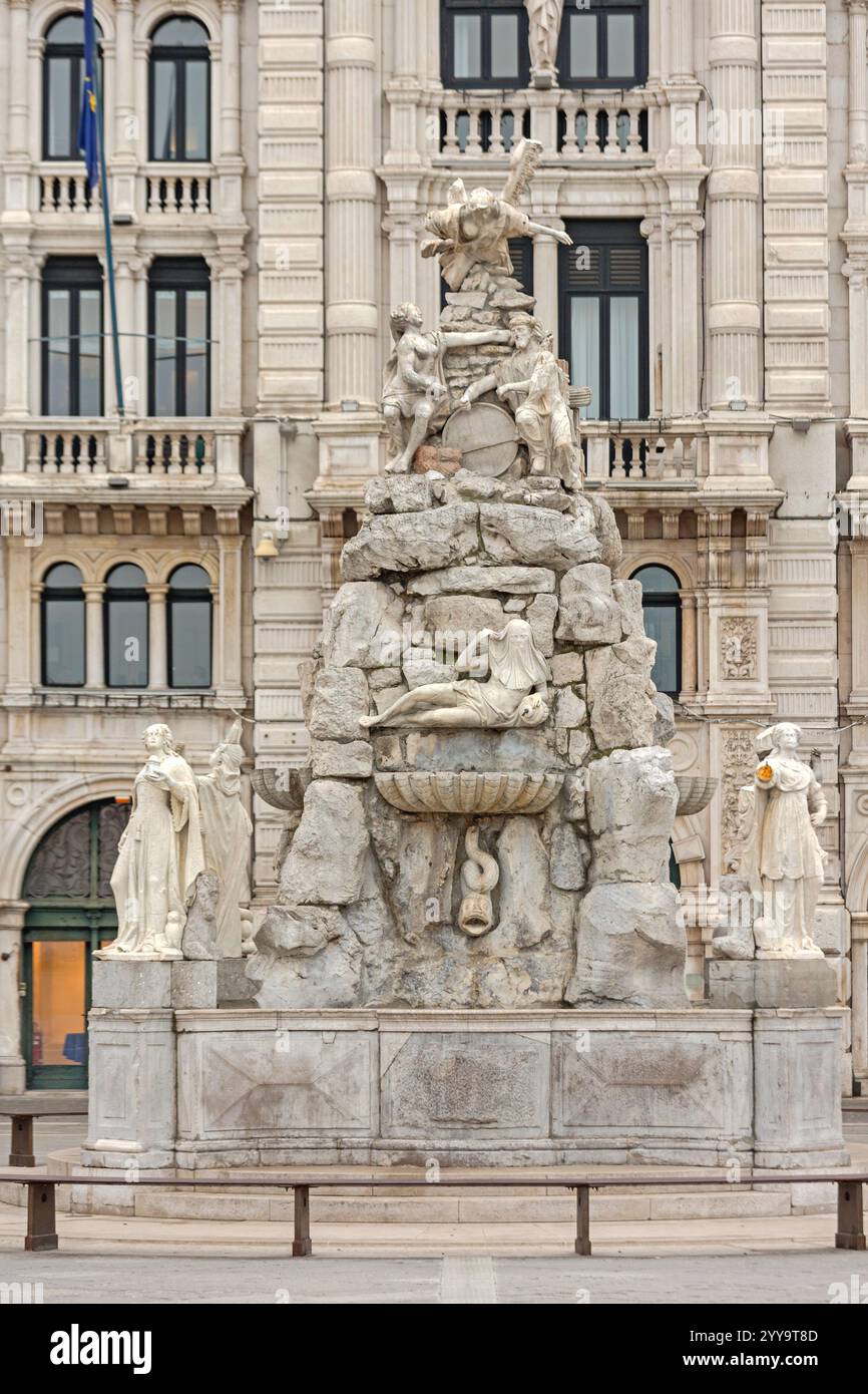 Fountain of Four Continents at Unity of Italy Square in Trieste Winter ...