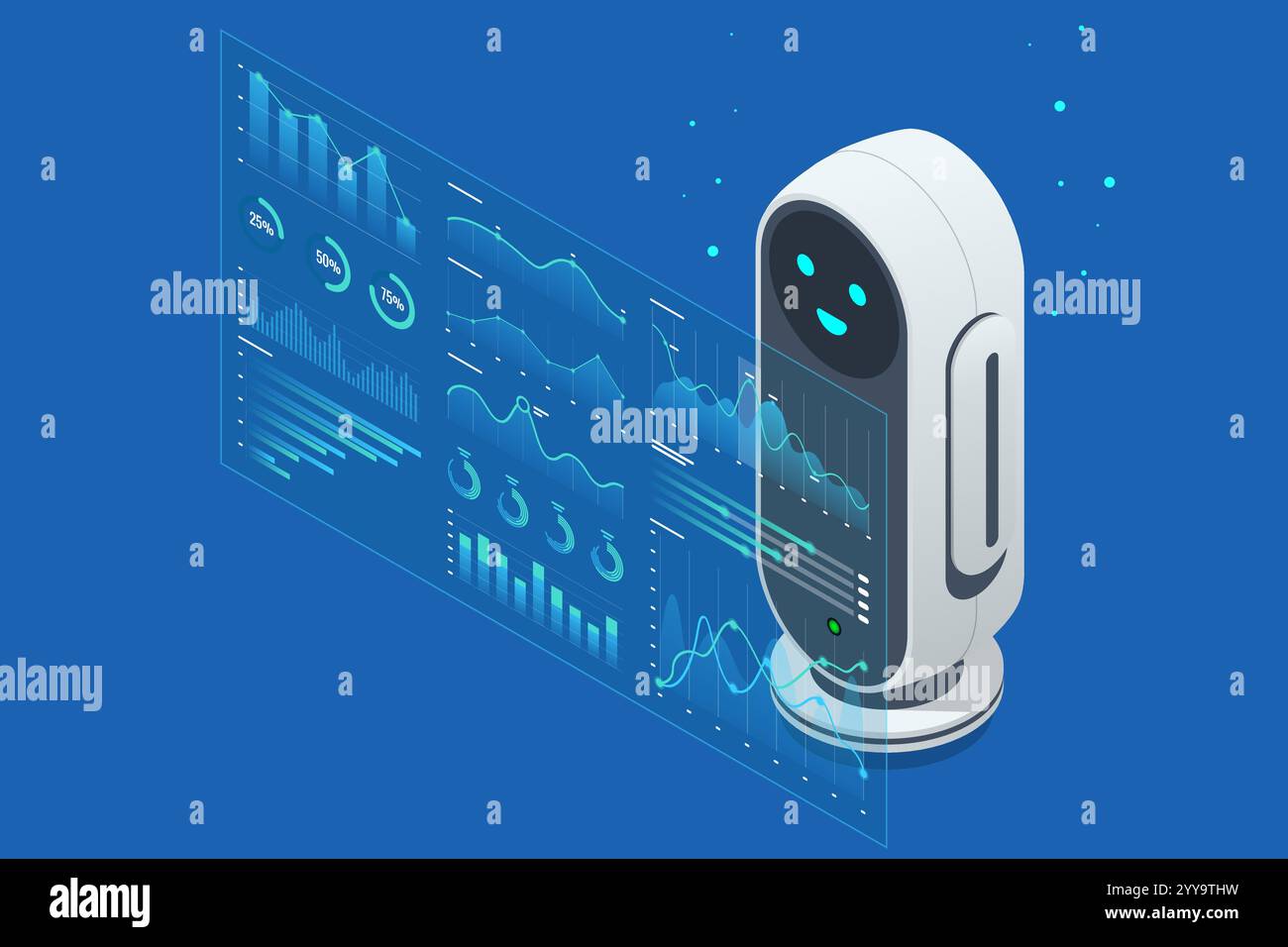 Isometric Ai Robot Interacting With Digital Analytics Interface Displaying Kpis And Data