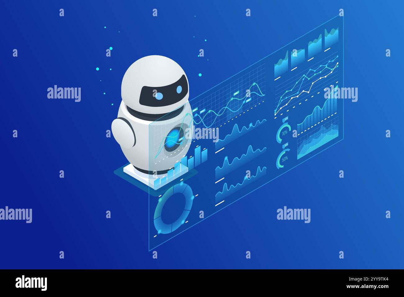 Isometric AI robot interacting with digital analytics interface, displaying KPIs and data ...