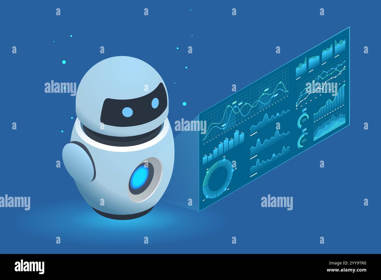 Isometric AI robot interacting with digital analytics interface, displaying KPIs, data insights ...