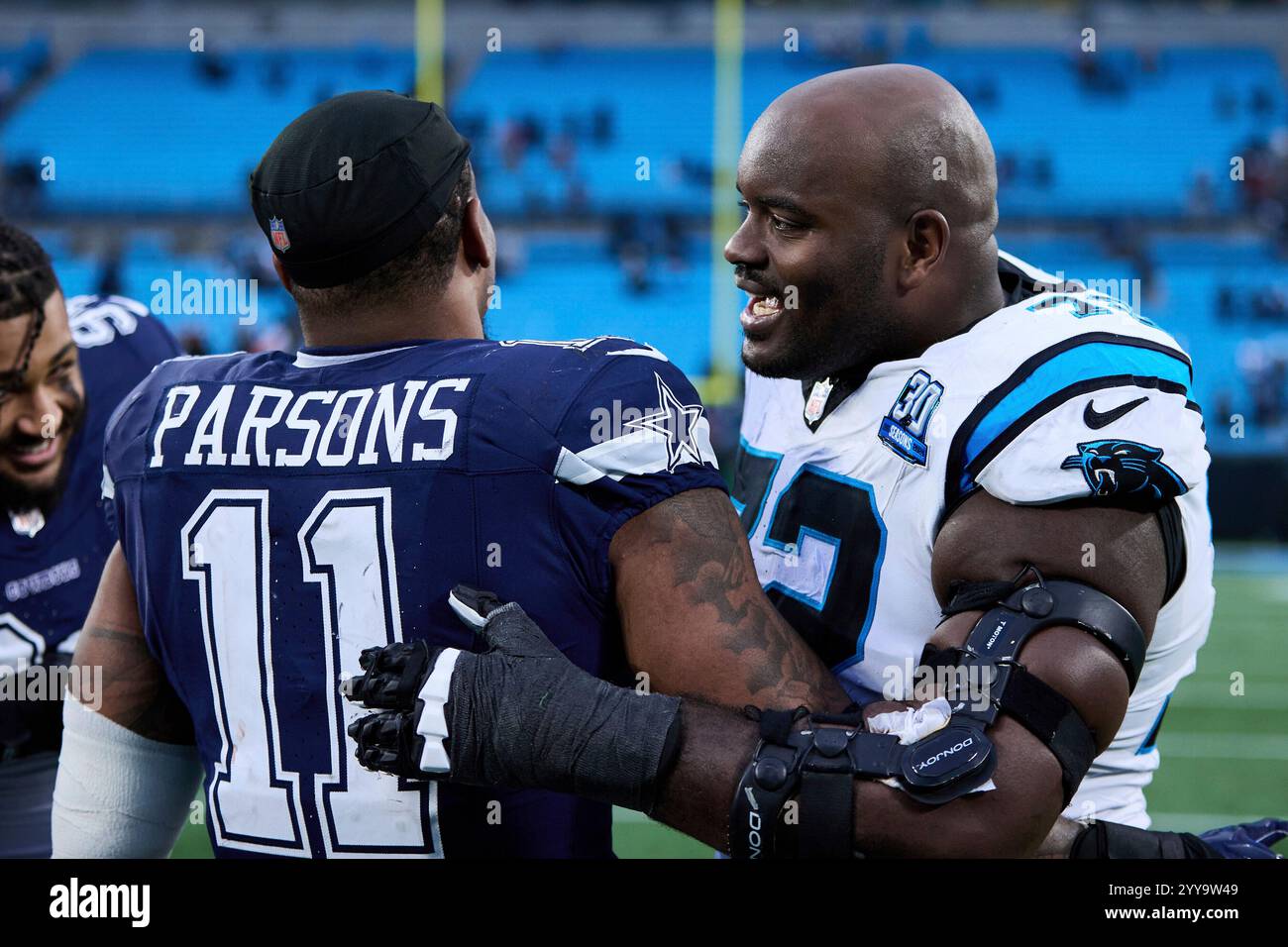 Carolina Panthers offensive tackle Taylor Moton (72) chats with Dallas ...