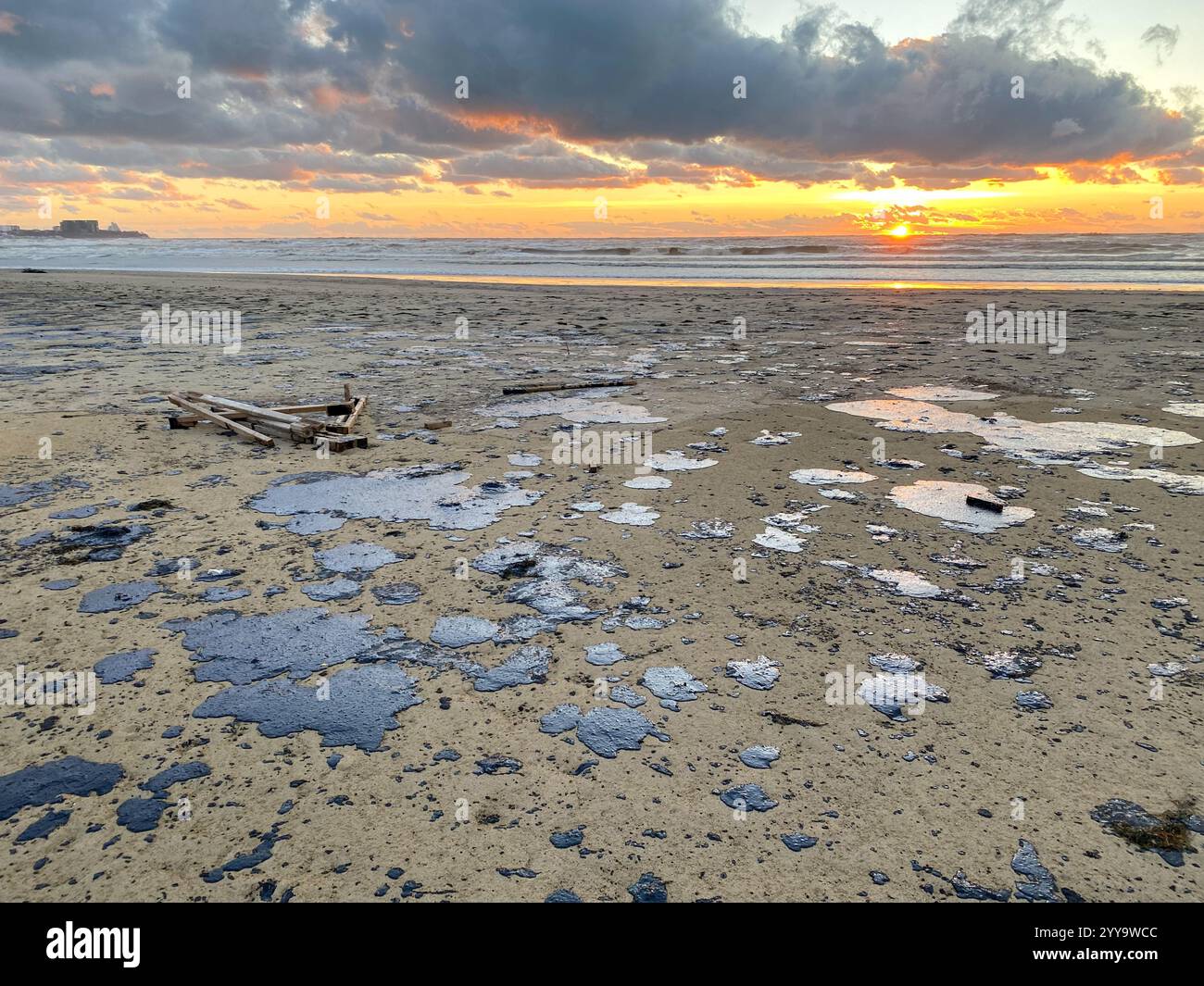 Fuel oil on sandy beach at sunset. Sea pollution, environmental and ...