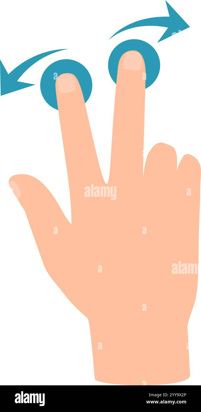 Cartoon hand rotating with two fingers on a touchscreen, illustrating a multi touch rotate ...