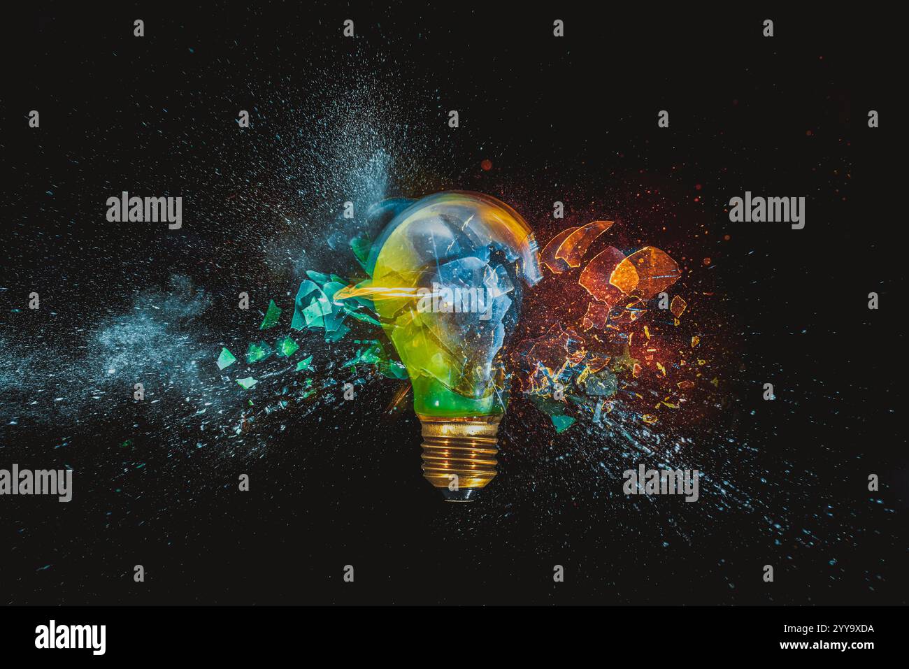 Multicolored light bulb exploding black background, creative energy ...