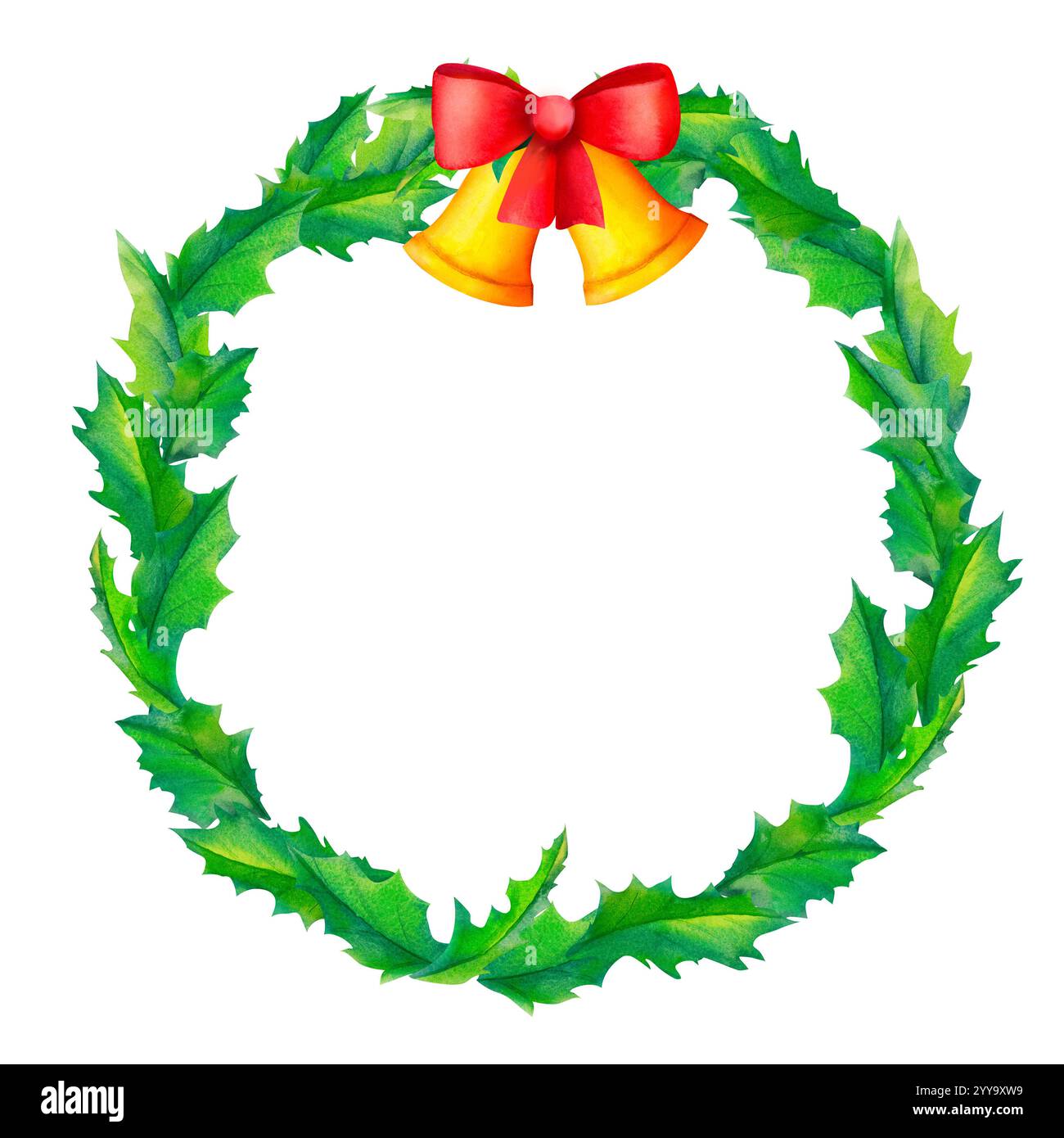 A Christmas wreath of holly leaves golden bells and red bow painted in ...