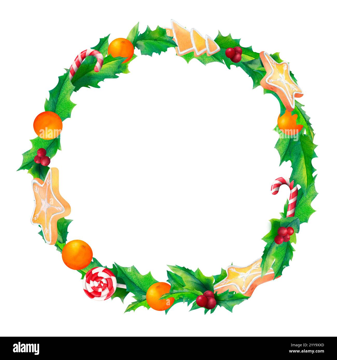 A Christmas wreath made of holly leaves, citrus mandarins, classic ...