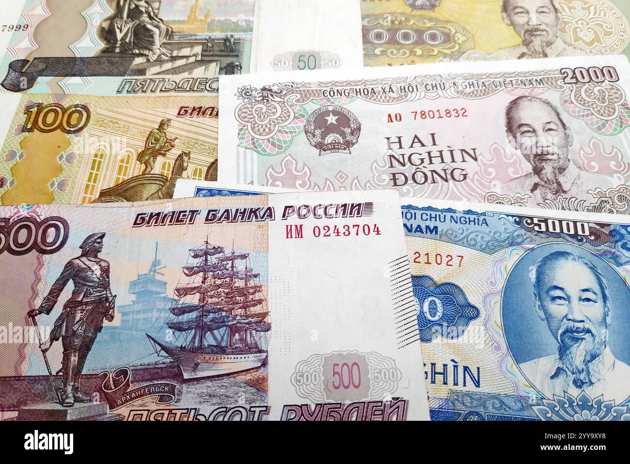 Close-up on a stack of Russian Ruble and Vietnamese Dong Stock Photo ...