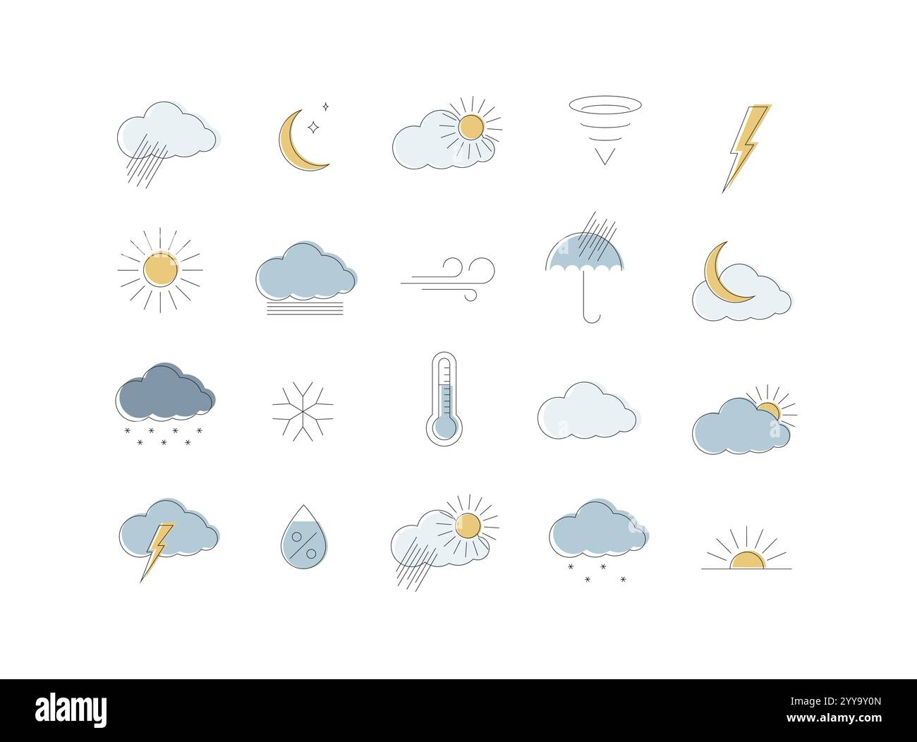 Weather app icons for web drawing with color in linear style on white ...