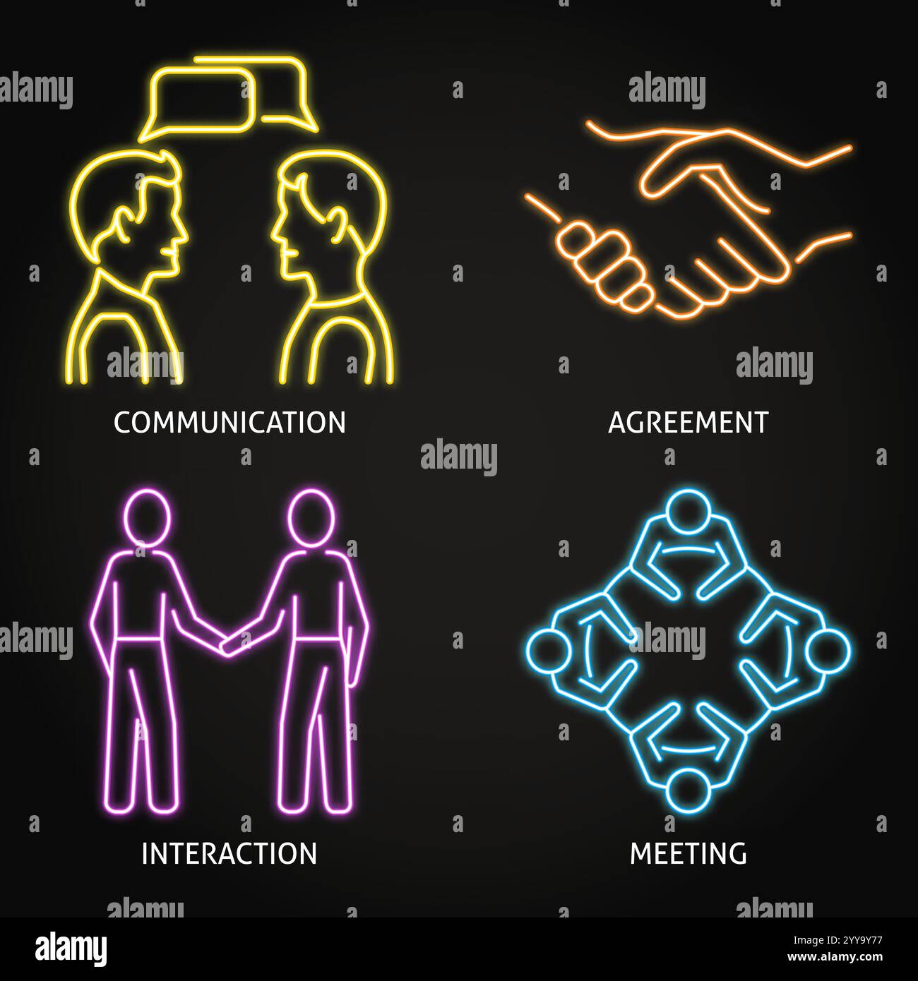 Communication and meeting neon icon set. Agreement, dialogue symbols ...
