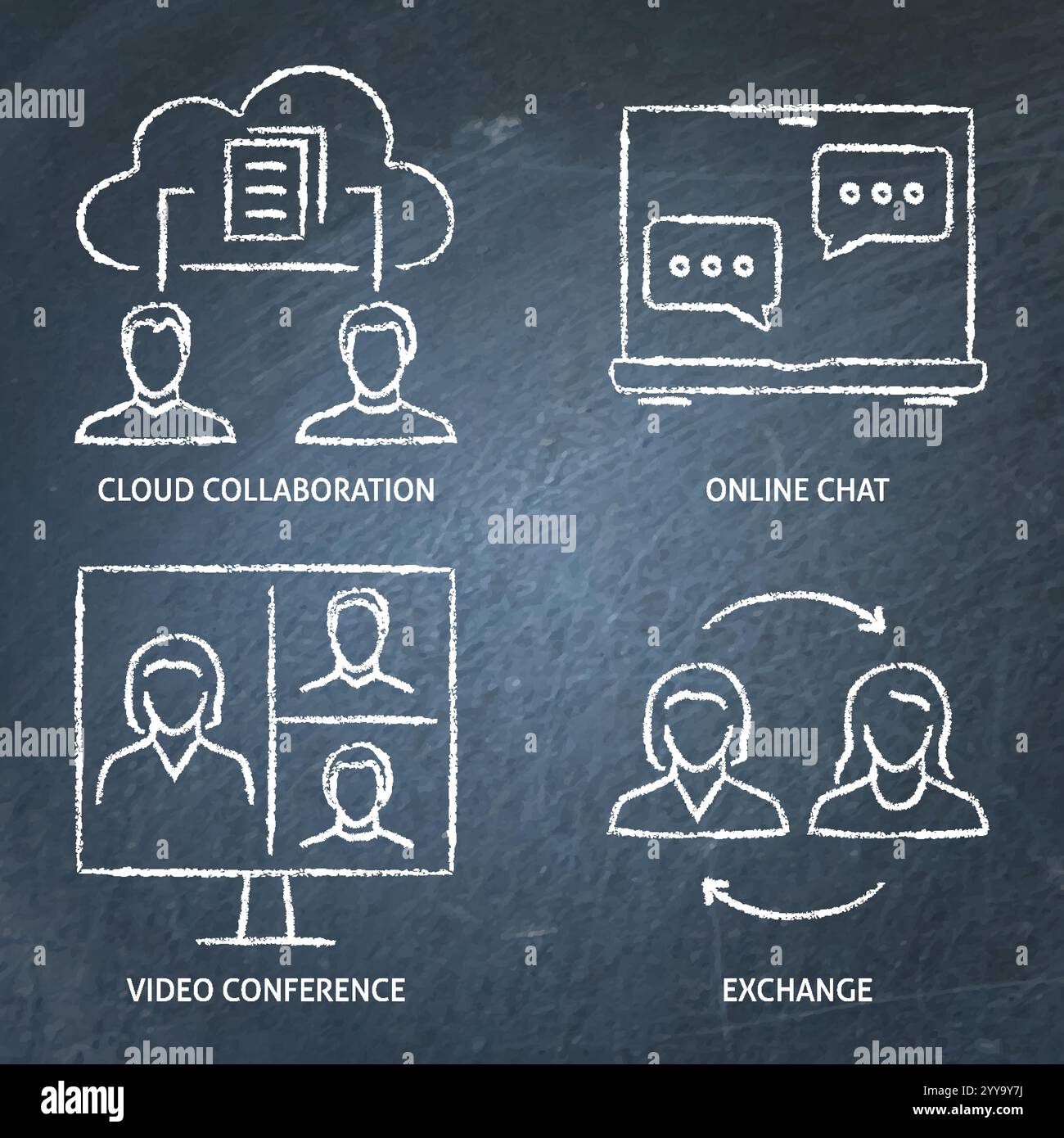 Remote teamwork chalkboard icon set. Online collaboration, chat and ...