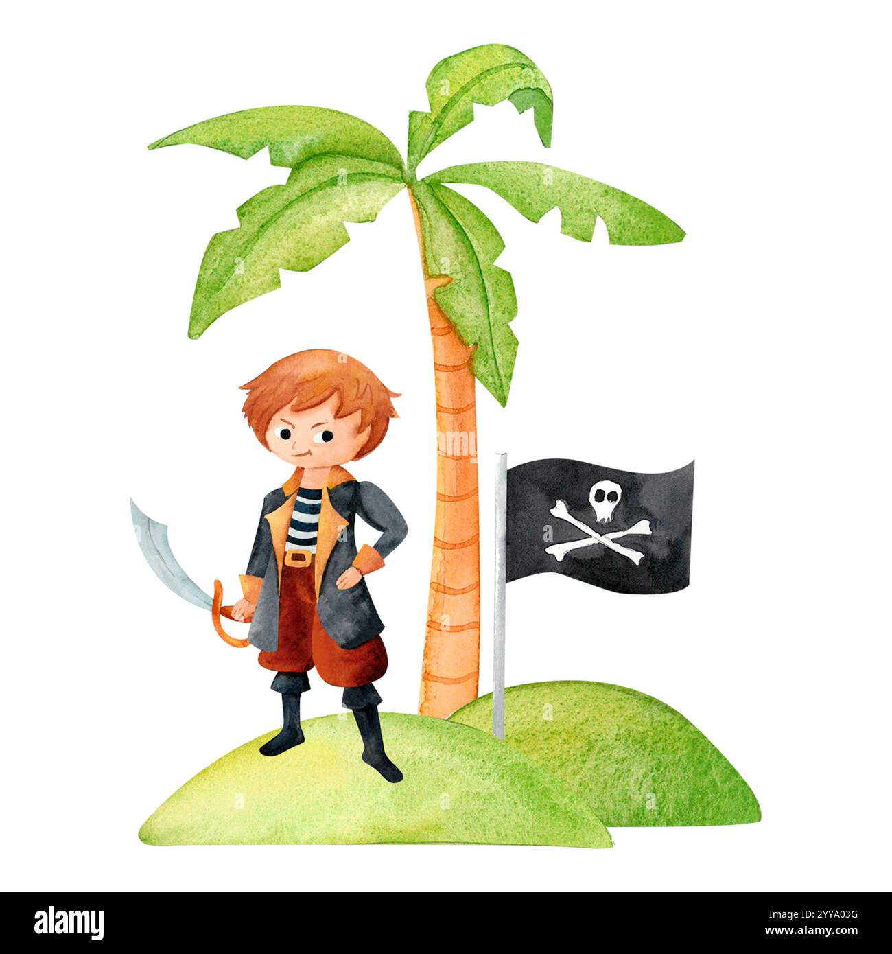 A young pirate on a treasure island under a palm tree, with the Jolly ...