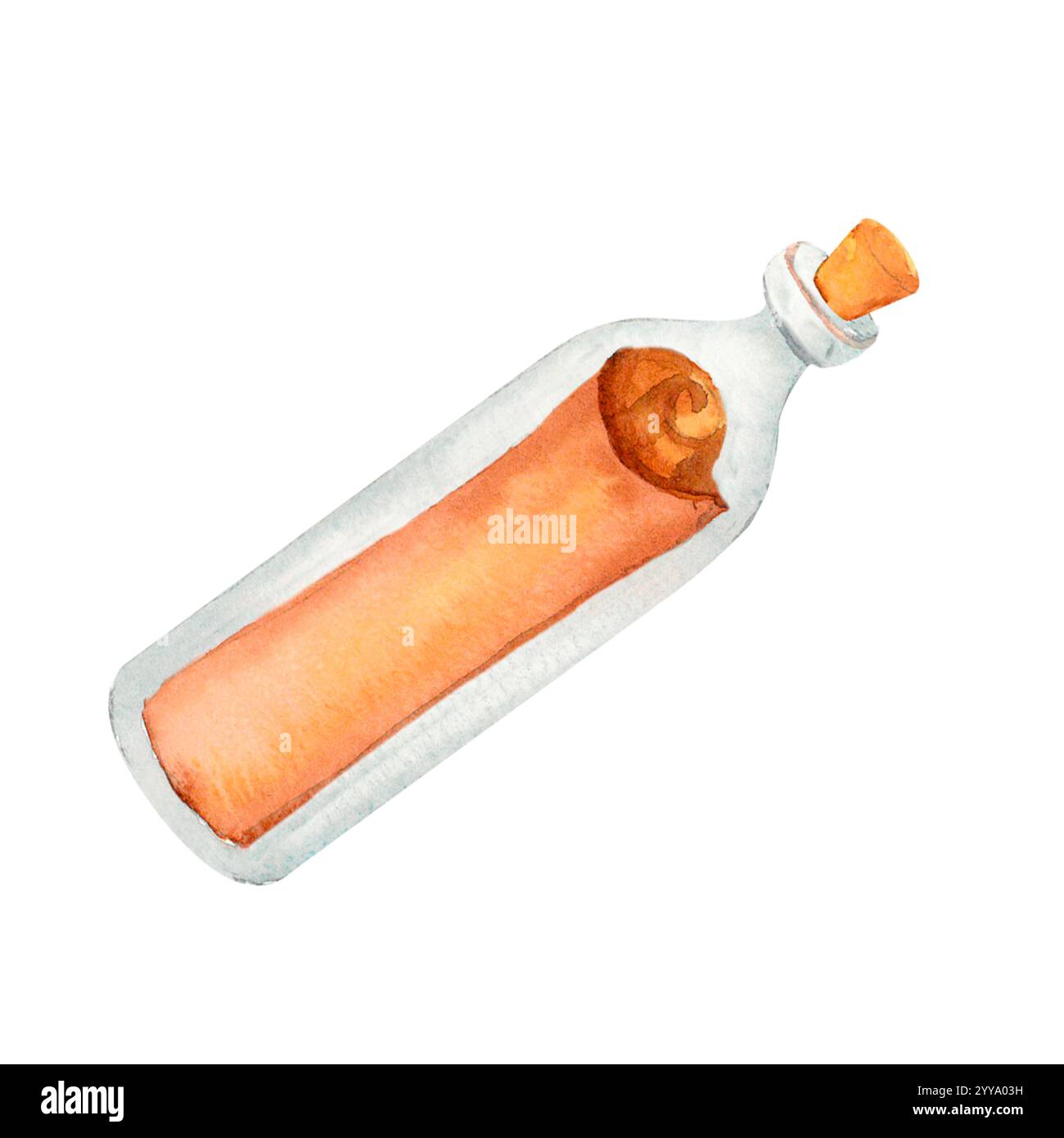 Old note rolled up in glass bottle sealed tightly with a cork,message ...