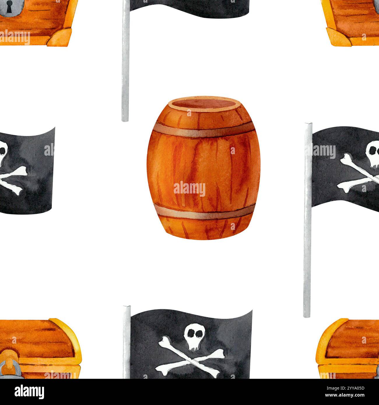 A black flag, a weathered barrel, and a treasure chest, classic symbols ...