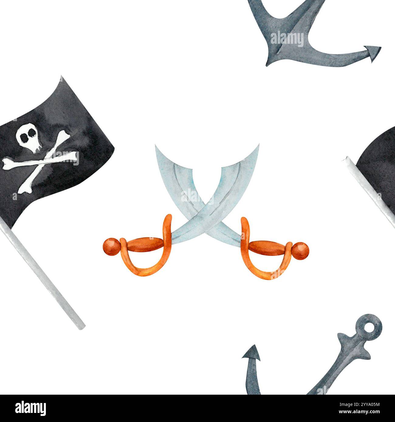 Jolly Roger waving above crossed blades and an iron anchor, embodying a ...