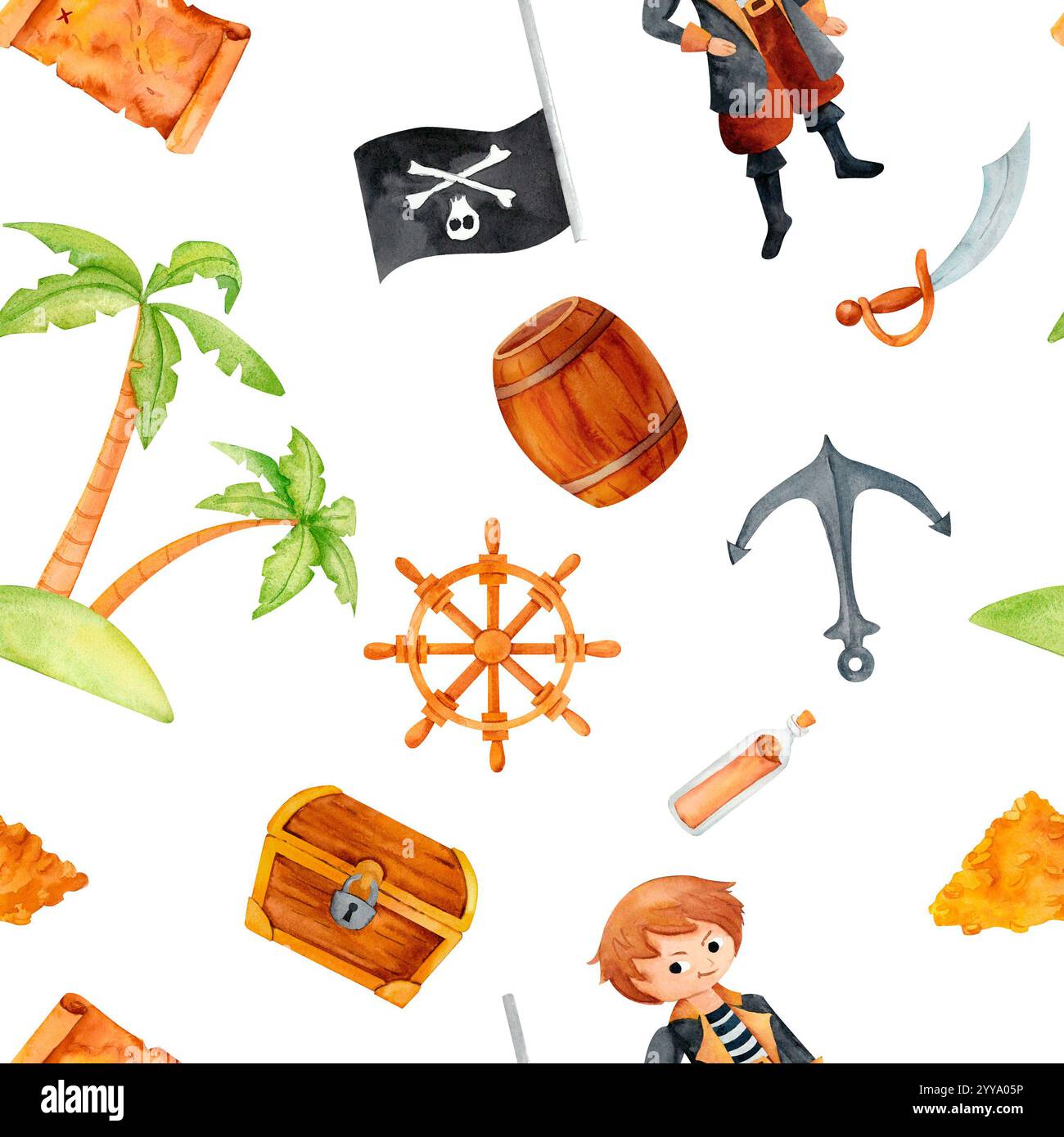 A playful pirate boy with nautical gear: chest of loot, heavy anchor ...