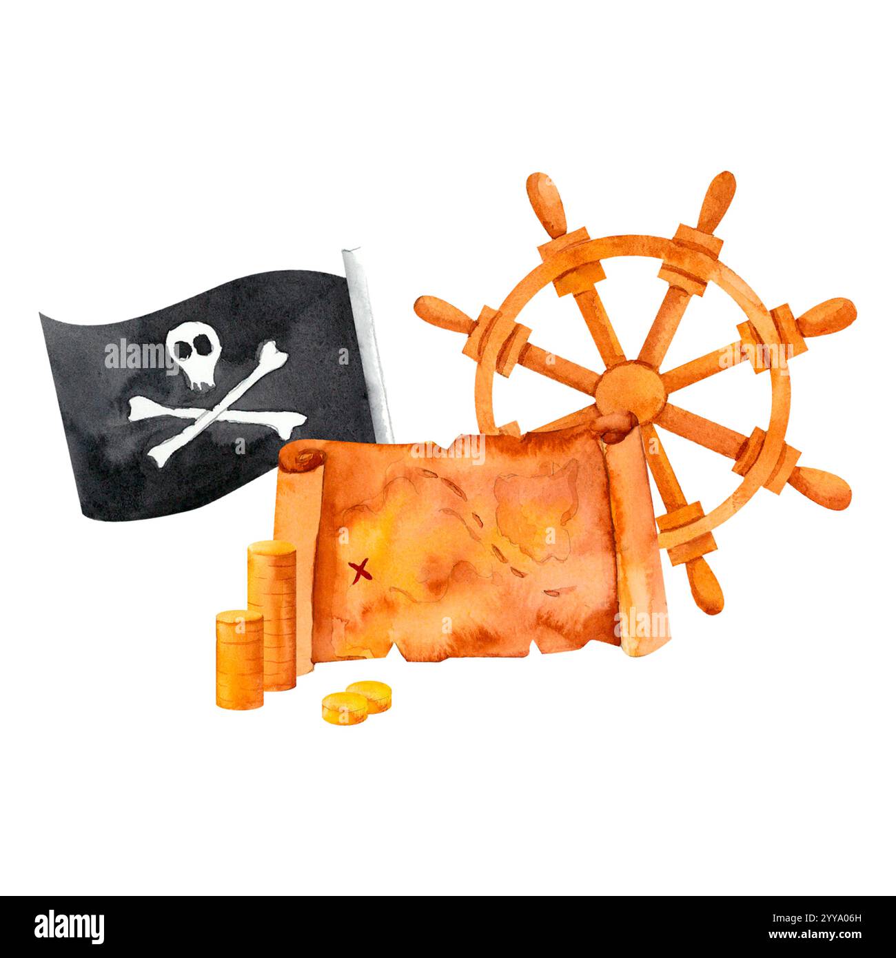 A treasure map, Jolly Roger flag, and a ship wheel, capturing the ...