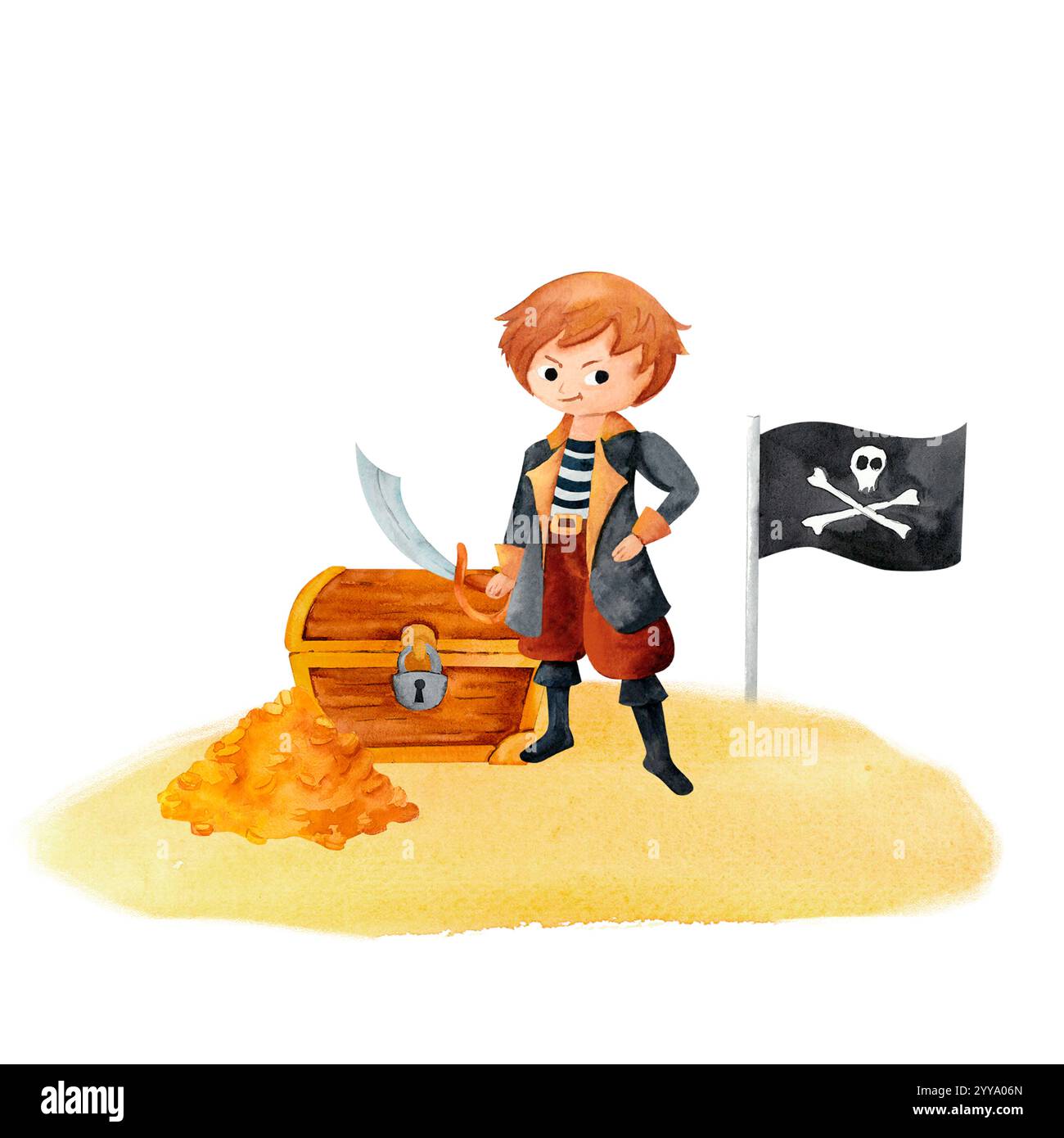 A corsair boy, treasure chest, shimmering gold, and the Jolly Roger ...