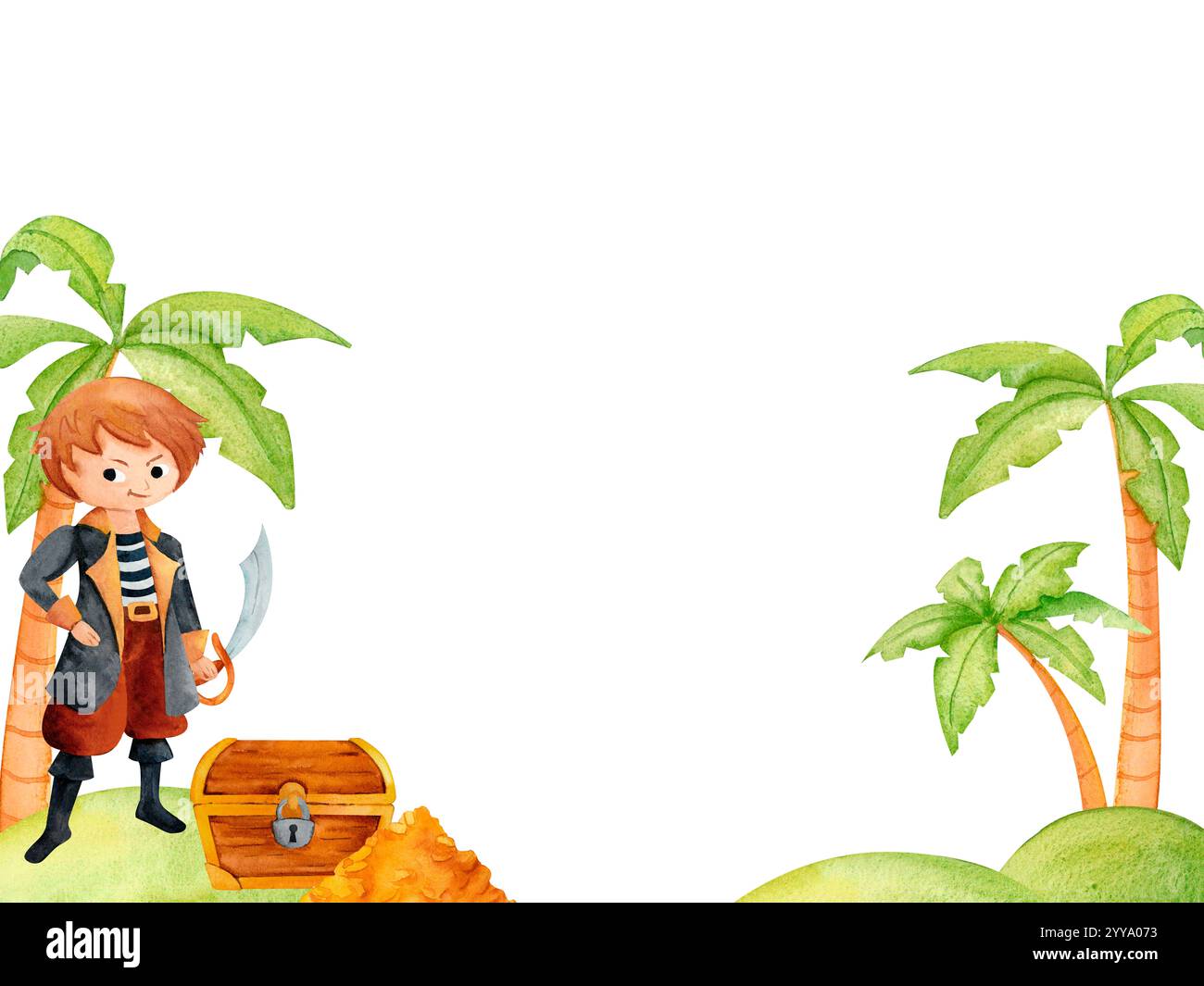 Pirate boy with palm trees, a treasure chest, and gleaming riches ...