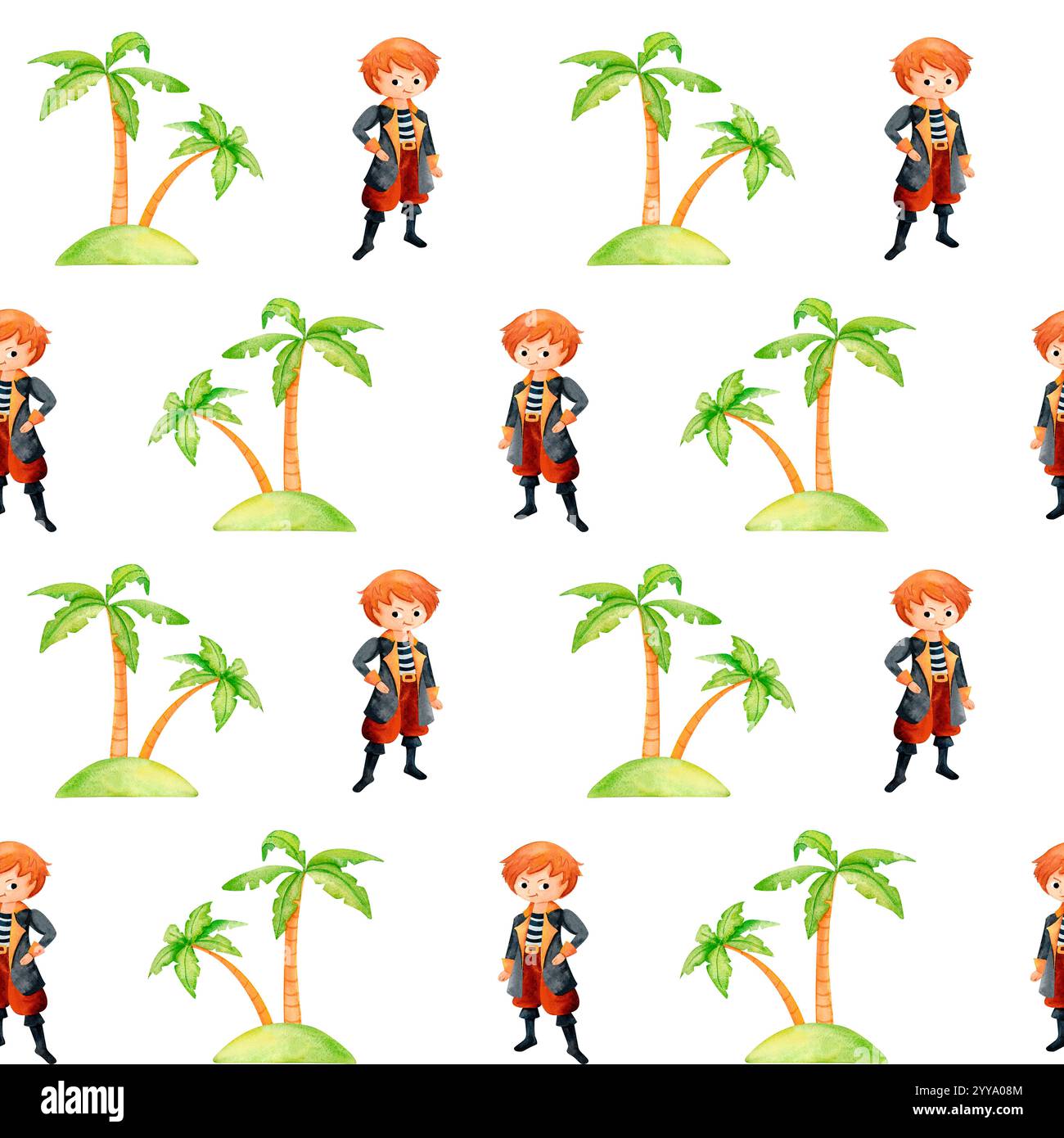 A playful pirate kid and lush palm trees, bringing the spirit of ...