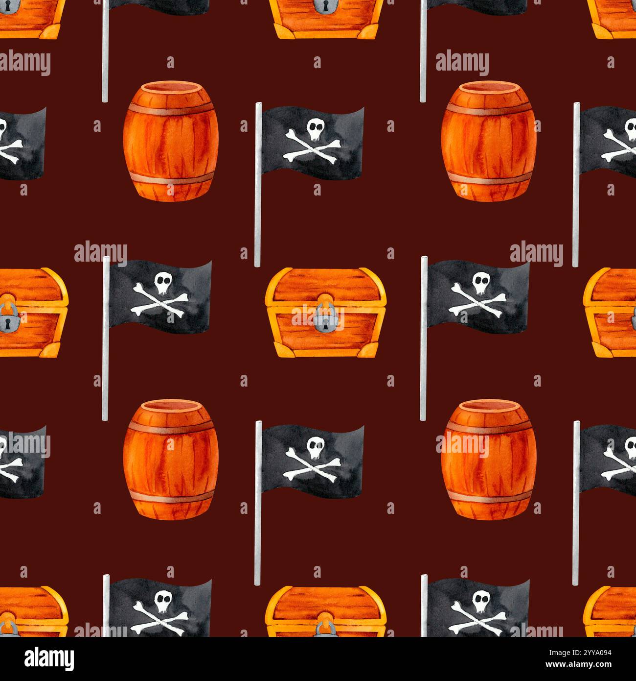 A pirate chest, weathered barrel, and ominous black flag, embodying ...