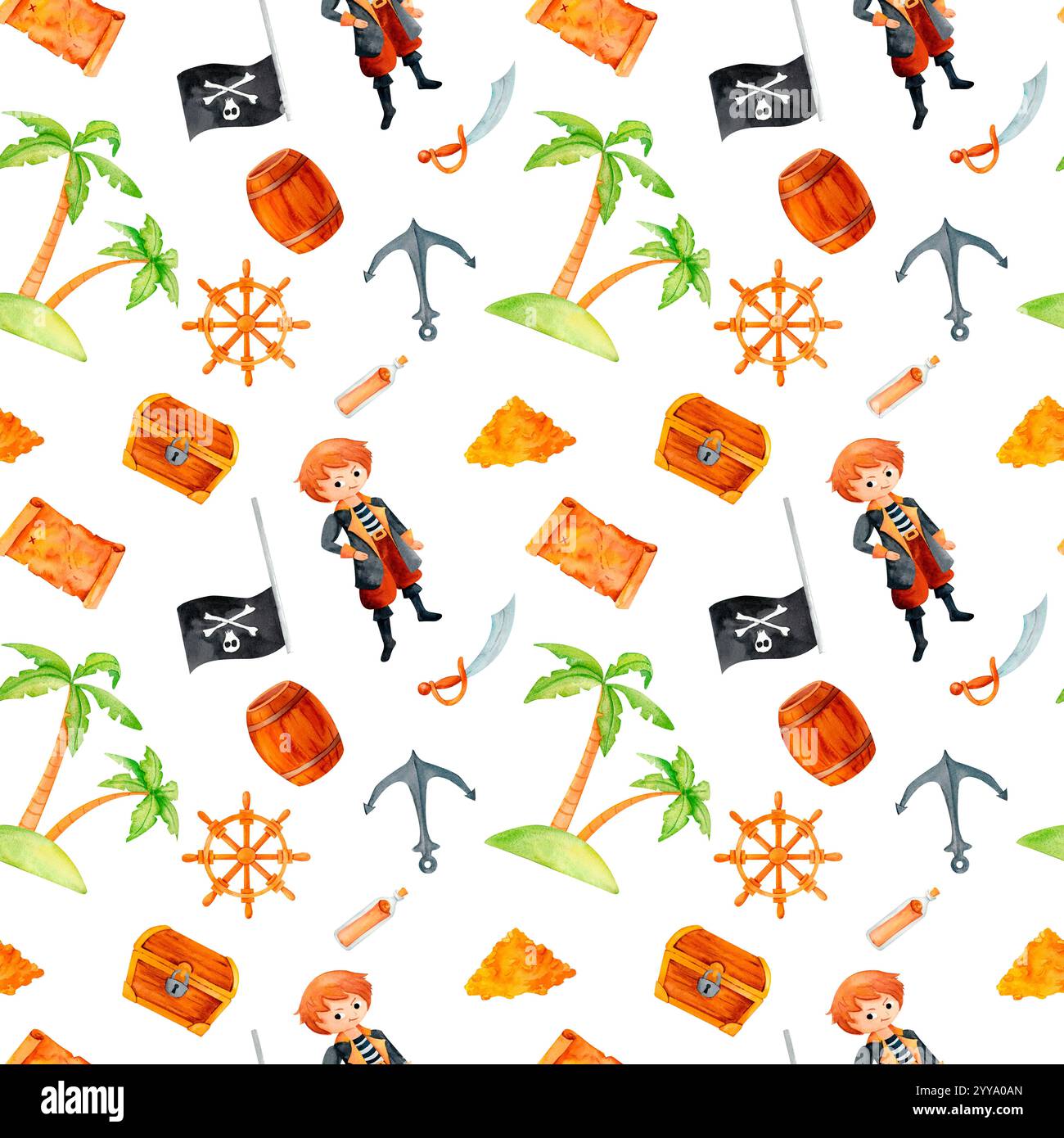 A boy pirate surrounded by nautical items: treasure chest, anchor, ship ...