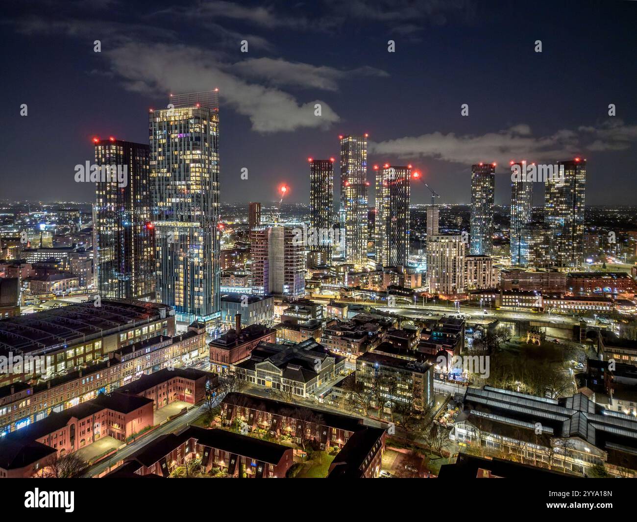 Aeriel photograph of the City centre of Manchester at night Stock Photo ...