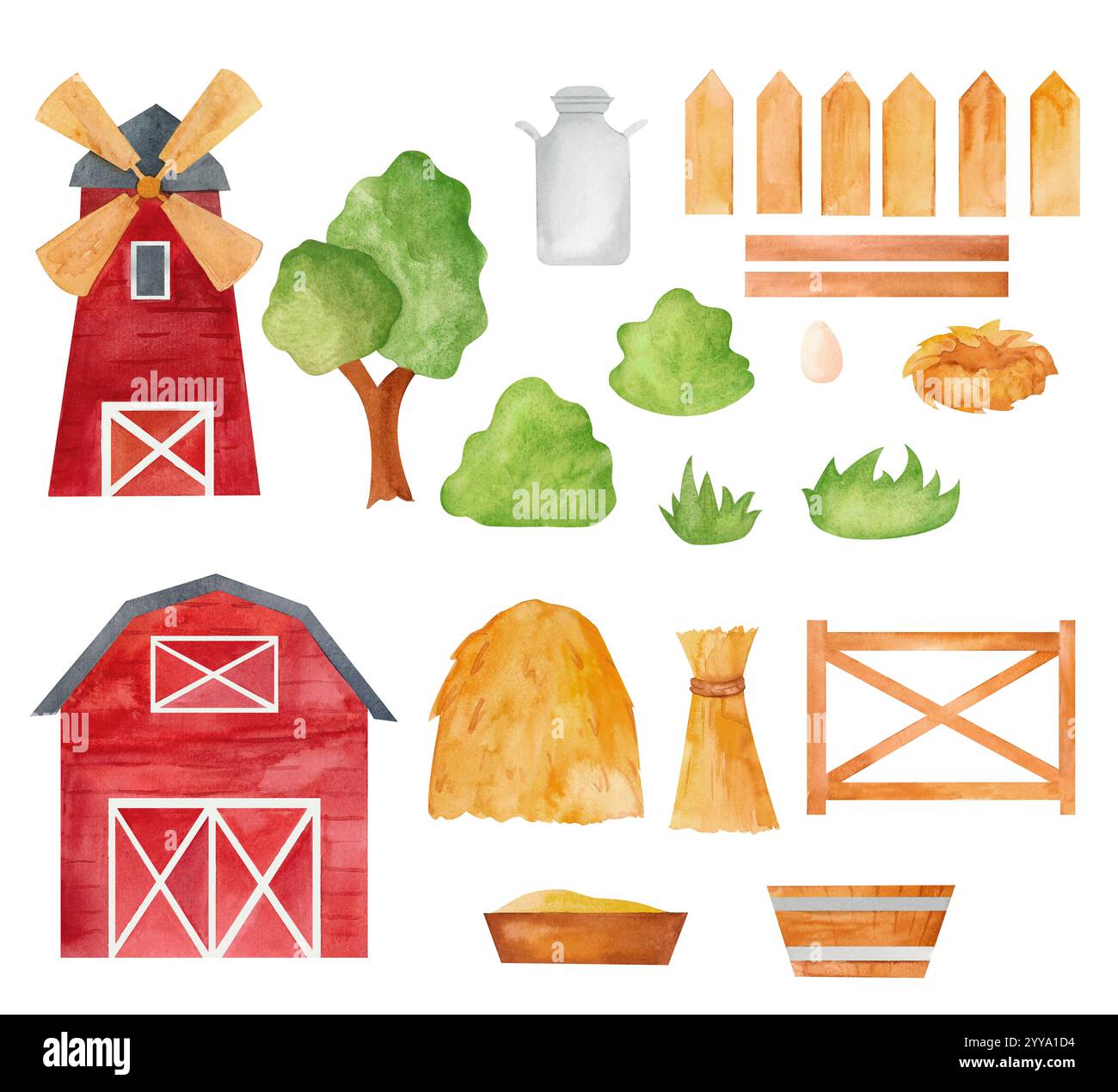 Set of watercolor farm illustrations featuring a red barn, windmill ...
