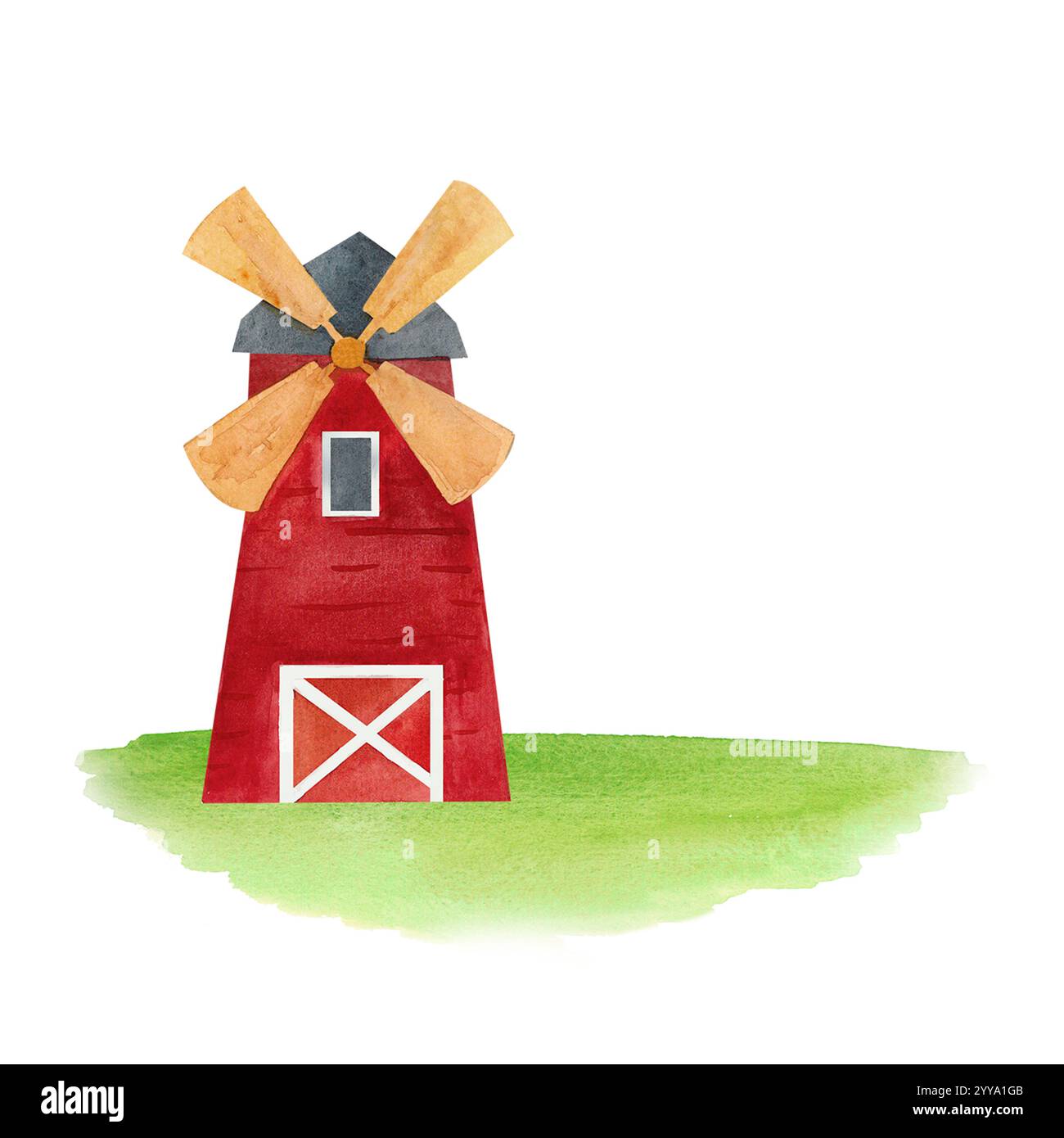 Red windmill on a meadow: Watercolor illustration. Ideal for themed ...