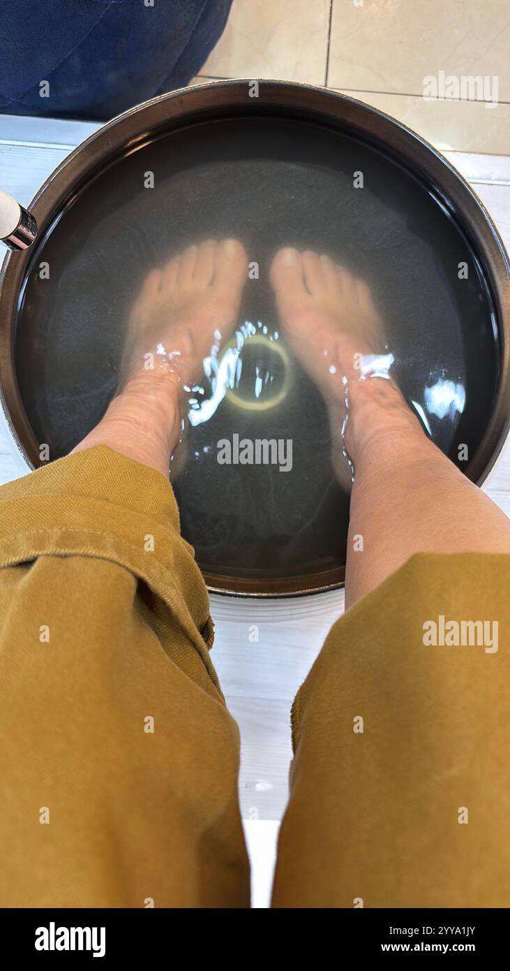 Pedicure Foot bath concept, beauty asian young woman soaking hygiene ...