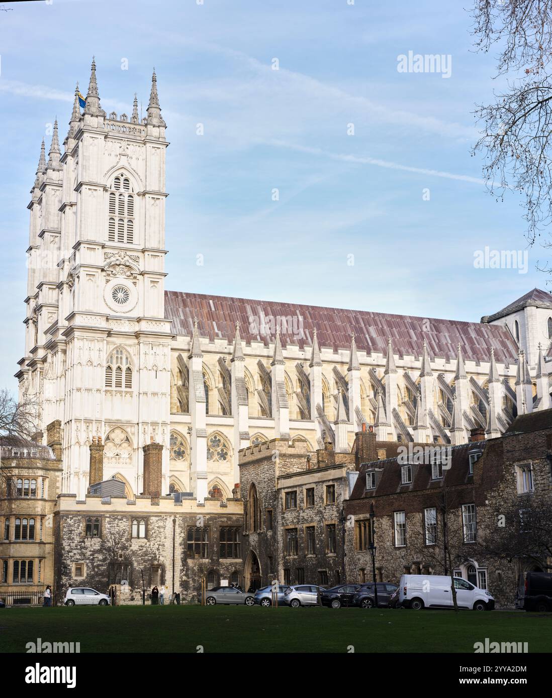 Tower and nave of the christian church named Westminster Abbey, London ...