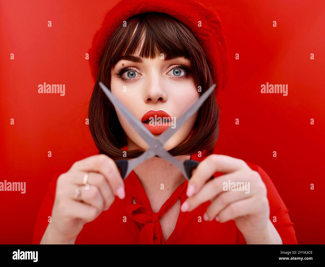 Haircut. Portrait of young woman hairdresser cutting hair with scissors ...