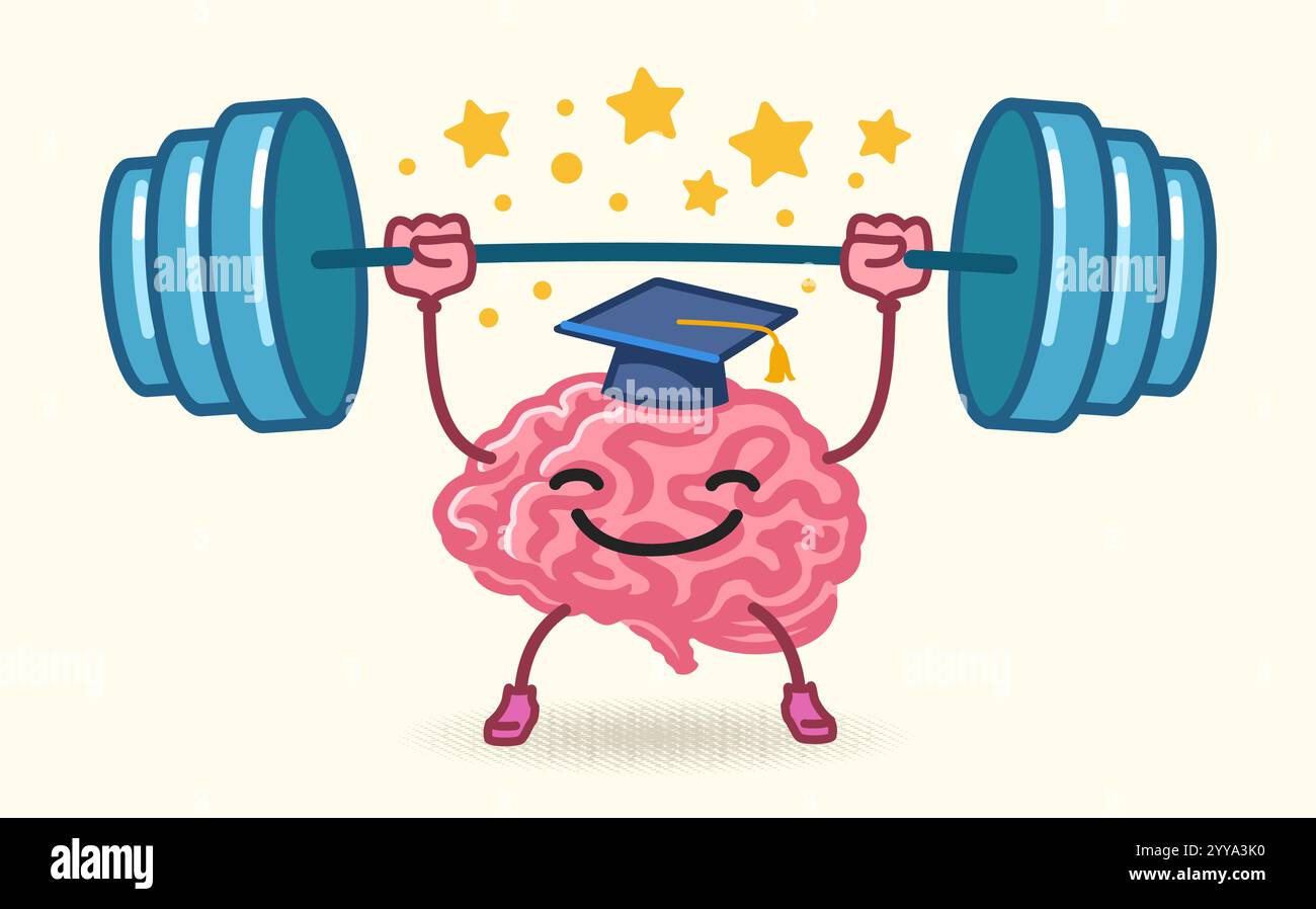 Cute funny cartoon character brain lifting heavy barbell. School ...