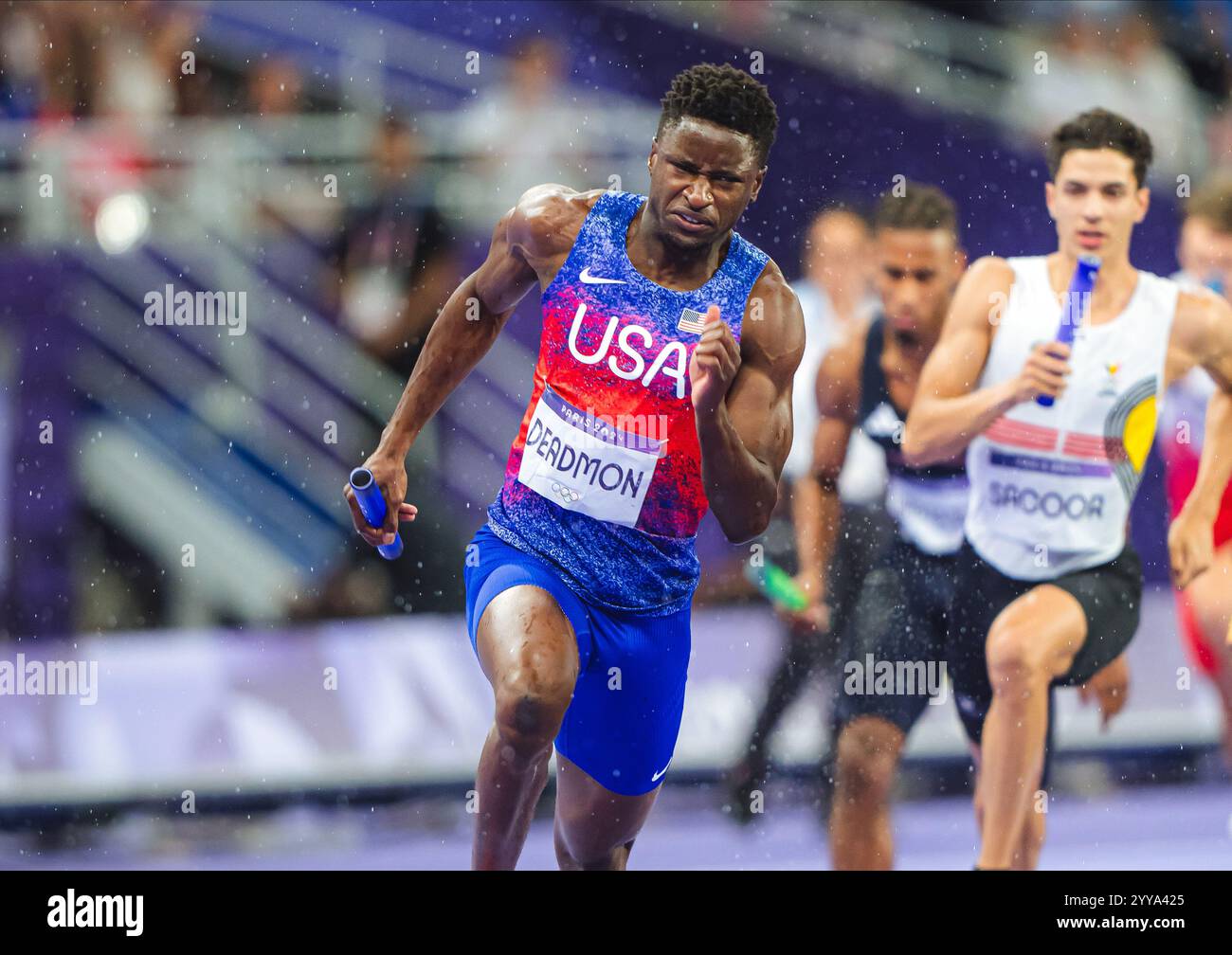 Bryce Deadmon participating in the 4X400 meters relay at the Paris 2024 ...