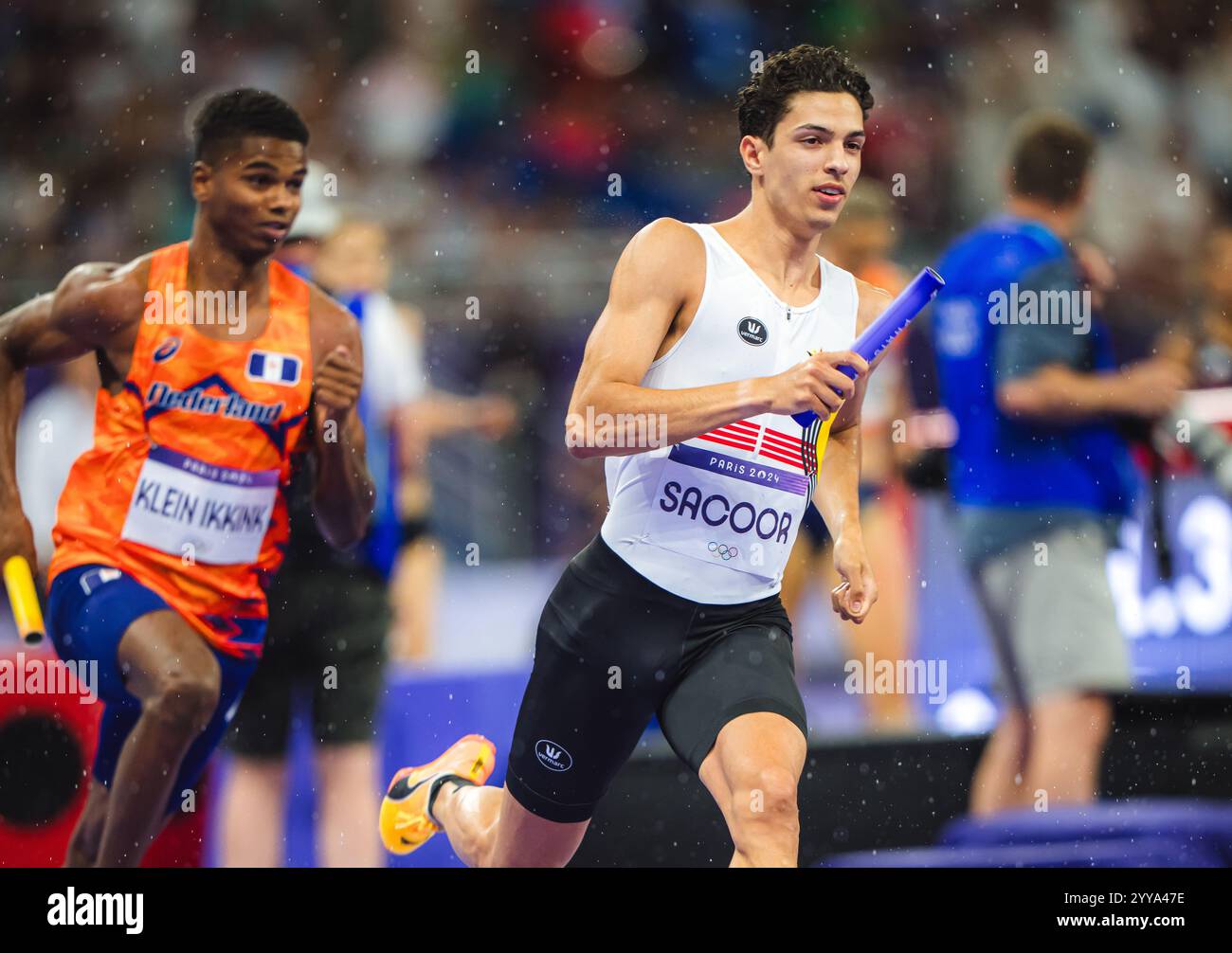 Jonathan Sacoor participating in the 4X400 meters relay at the Paris ...