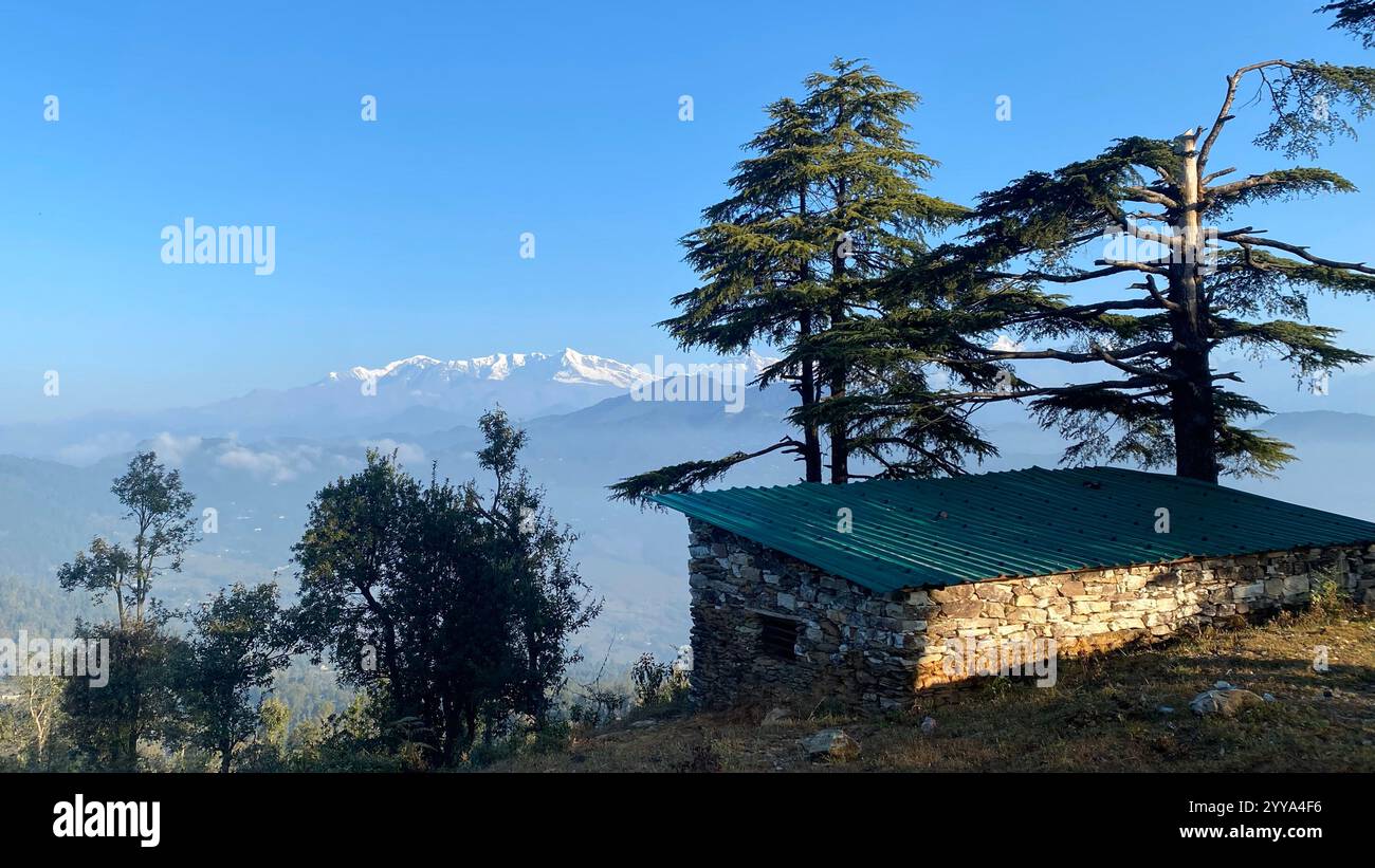 beautiful mountain cabin with pine trees and snow clad himalayan ...