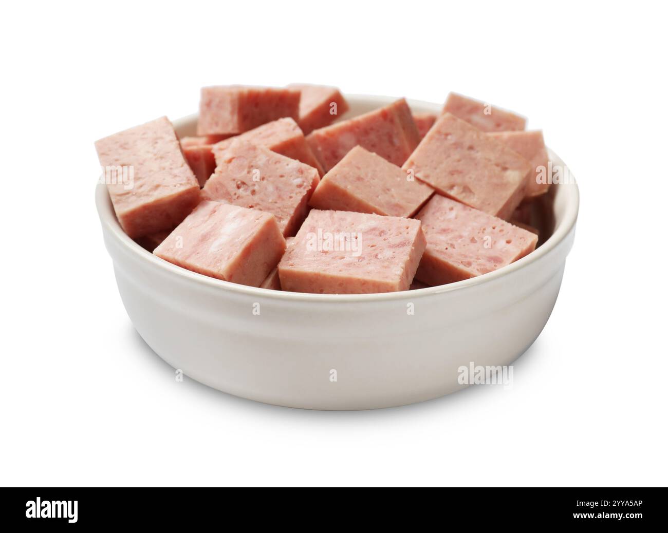 Pieces of canned meat in bowl isolated on white Stock Photo - Alamy
