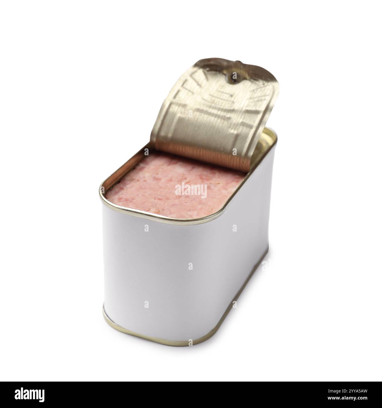 Canned meat in tin can isolated on white Stock Photo - Alamy