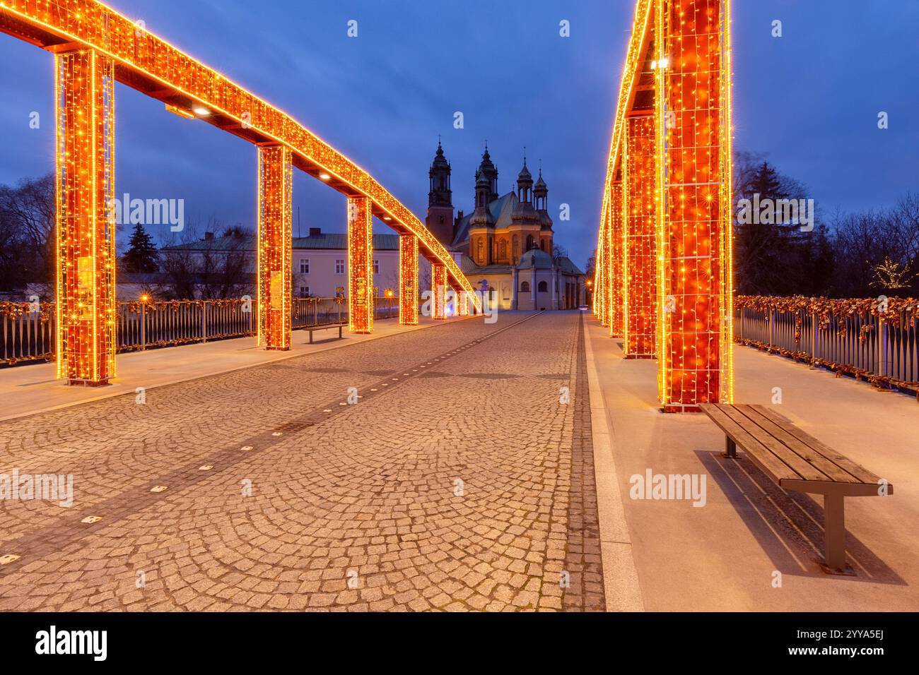 Dawn view of the illuminated Jordan Bridge leading to the Cathedral of ...