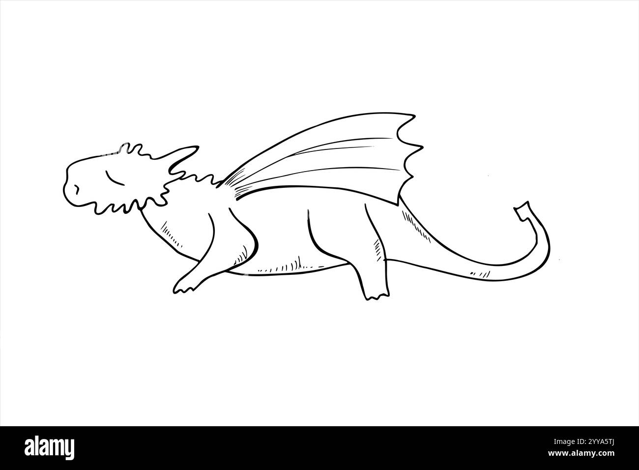 Dragon doing yoga and standing in plank position line art black ink ...