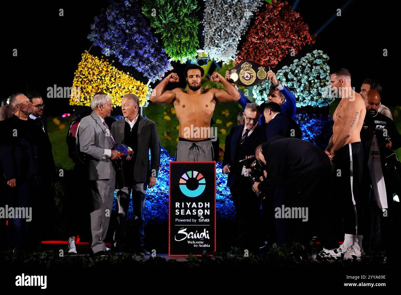 Moses Itauma (centre) during a weigh-in in Riyadh. Tyson Fury and ...