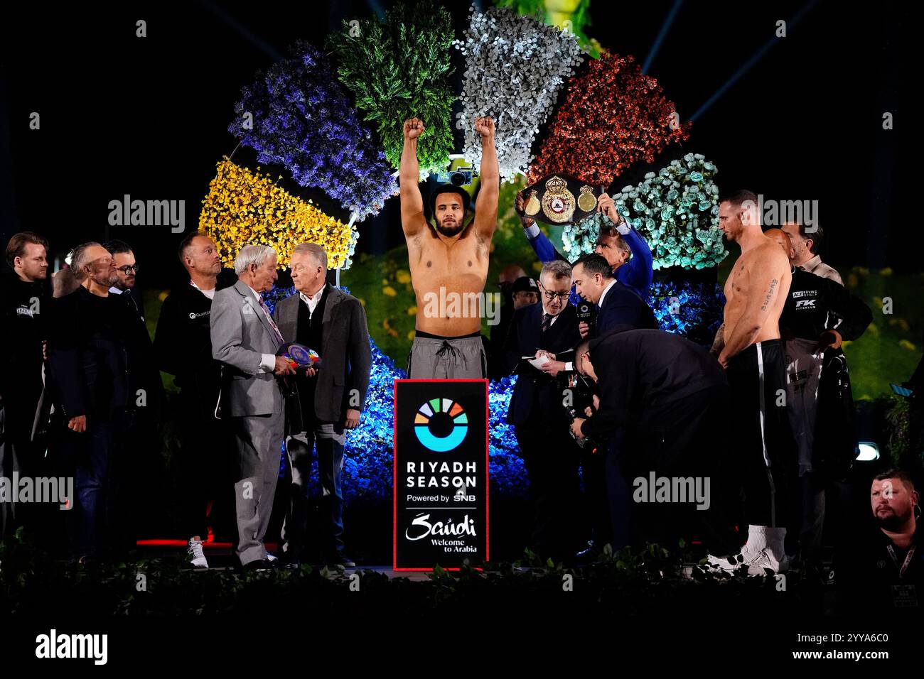 Moses Itauma (centre) during a weigh-in in Riyadh. Tyson Fury and ...