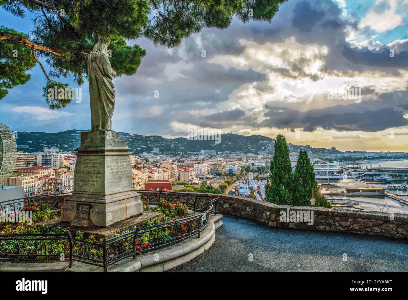 Statue in Notre-Dame d'Esperance church. and fantastic aerial view on ...