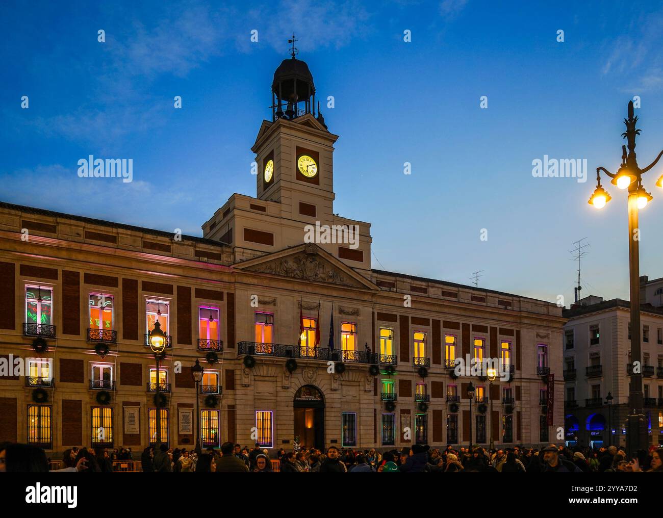 Clock of Puerta del Sol, square, during festive season, Madrid, Spain ...