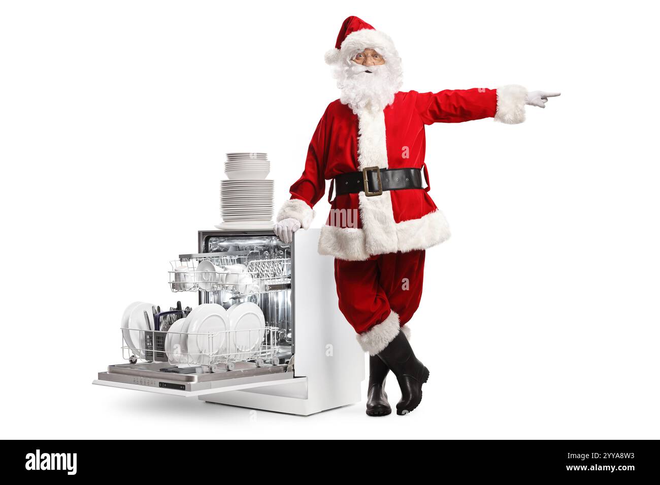 Santa Claus pointing and leaning on a dishwasher with a pile of clean ...