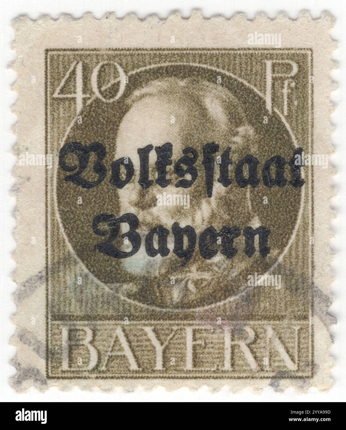 BAVARIA — 1919 March 01: 40 pfennig olive-green postage stamp depicting ...