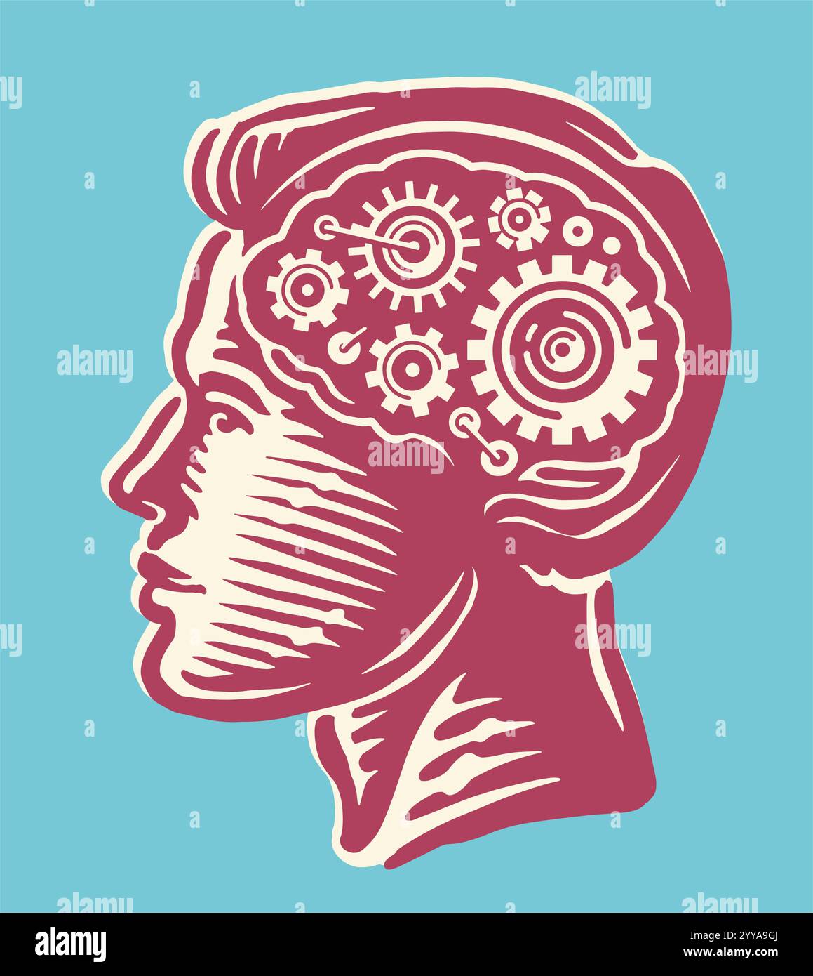 Rotating gears in human head. Thinking brain. Hand drawn vector ...